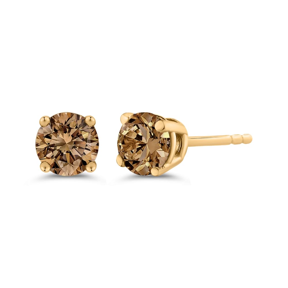 Round Brilliant Cut Brown Diamond Earring Studs in 14K Yellow Gold (1/2 cttw)