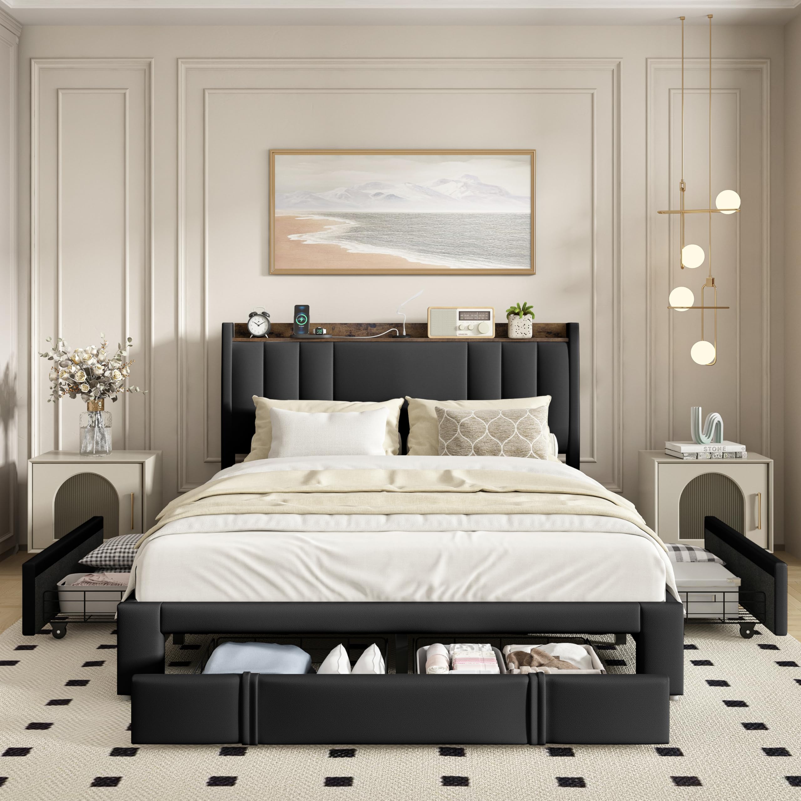 WII UWILL Bed Frame with USB Ports, Upholstered Platform Bed with Drawers, Noise-Free, No Box Spring Needed, Easy Assembly (White,Queen, Type A)