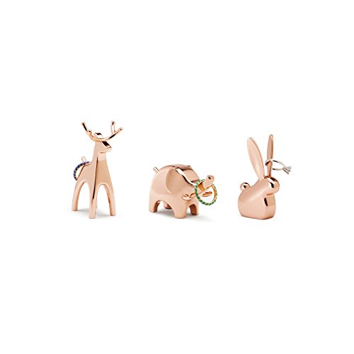 Umbra Anigram Animal Ring Holder for Jewelry (3-Pack containing Bunny, Reindeer and Elephant), Copper, 3 PACK