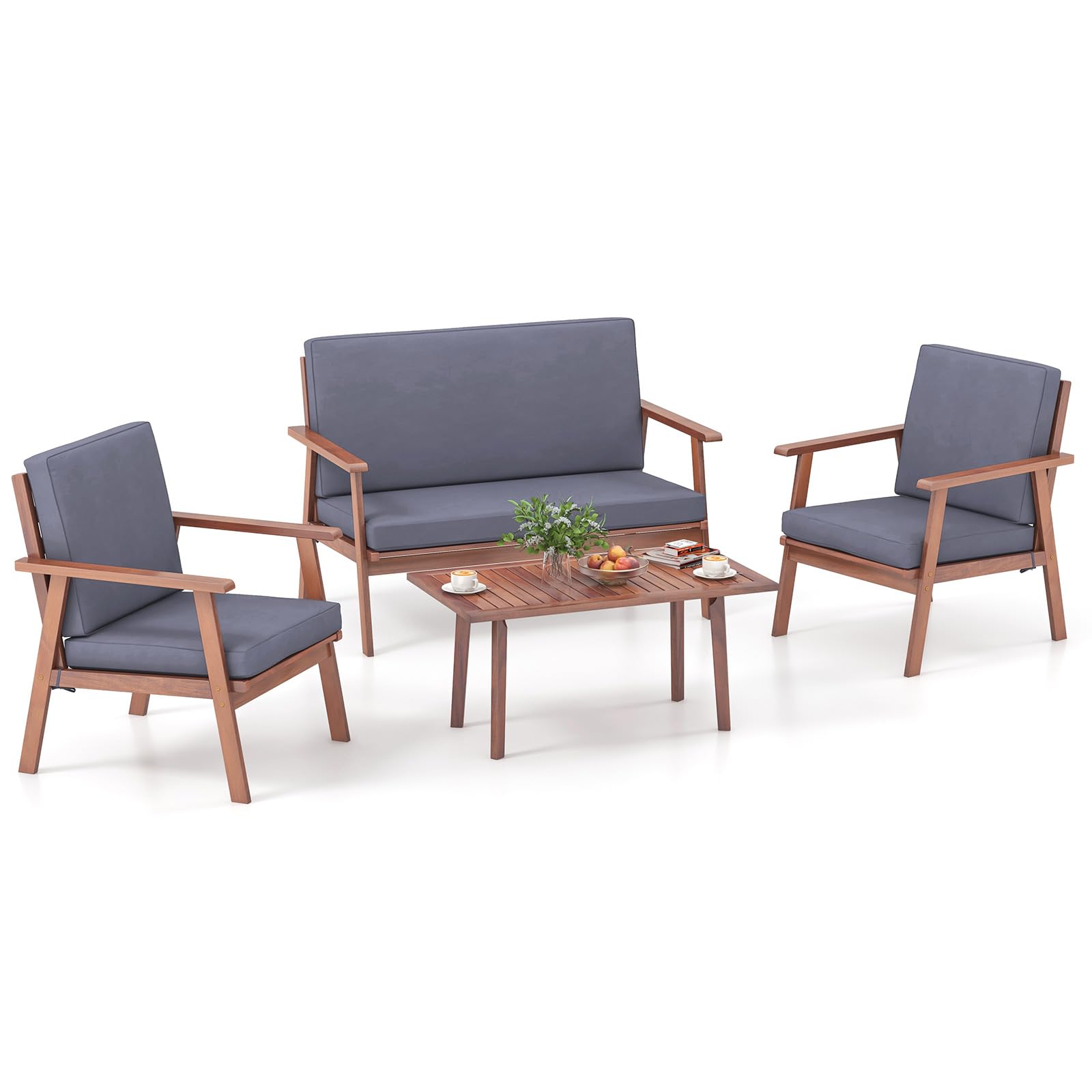 Tangkula 4 Piece Outdoor Conversation Set, Acacia Wood Sofa Set with Soft Seat & Back Cushions, Rectangle Coffee Table Patio Wood Furniture Set for Backyard, Poolside, Garden (1, Gray)