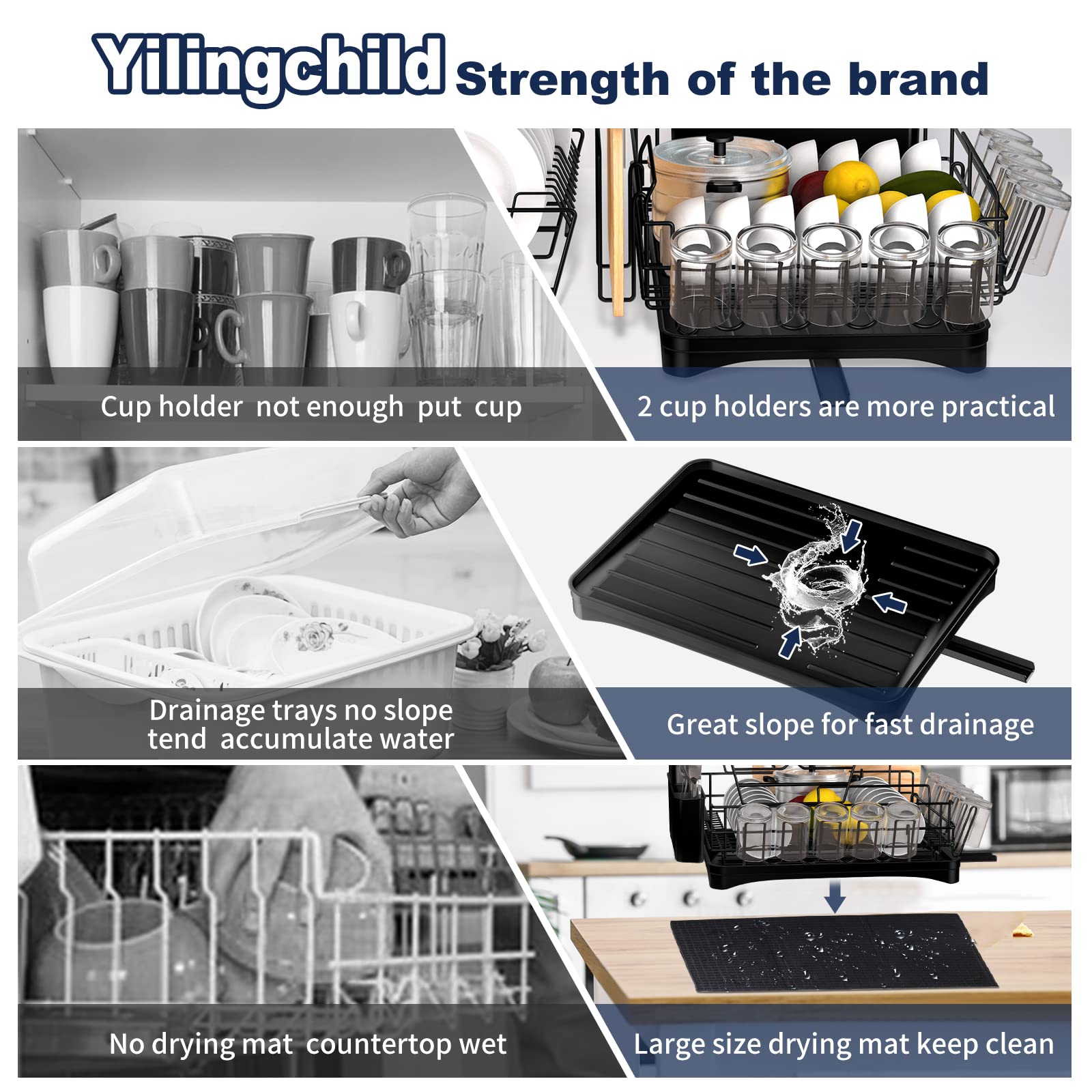 Yilingchild Dish Drying Rack, 2-Tier Dish Rack for Kitchen Counter,Large Dish Strainers with Drainboard , Dish Drainers with 2 Cup Holder, Extra Drying Mat,Black Utensil Holder