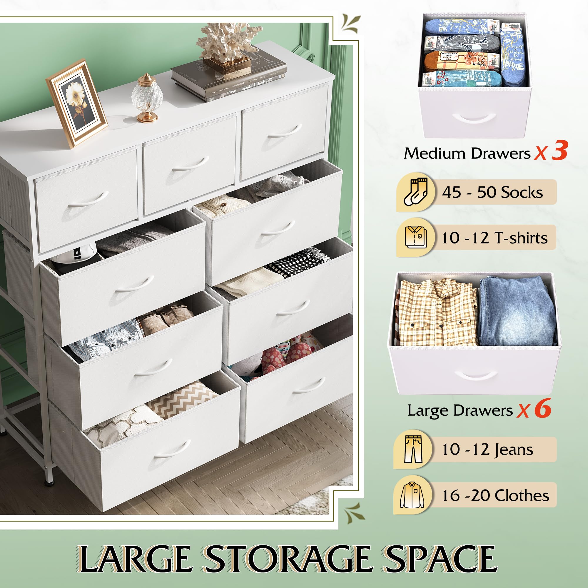 WLIVE 9-Drawer Dresser, Fabric Storage Tower for Bedroom, Hallway, Closet, Tall Chest Organizer Unit for Bedroom with Fabric Bins, Steel Frame, Wood Top, Easy Pull Handle, White