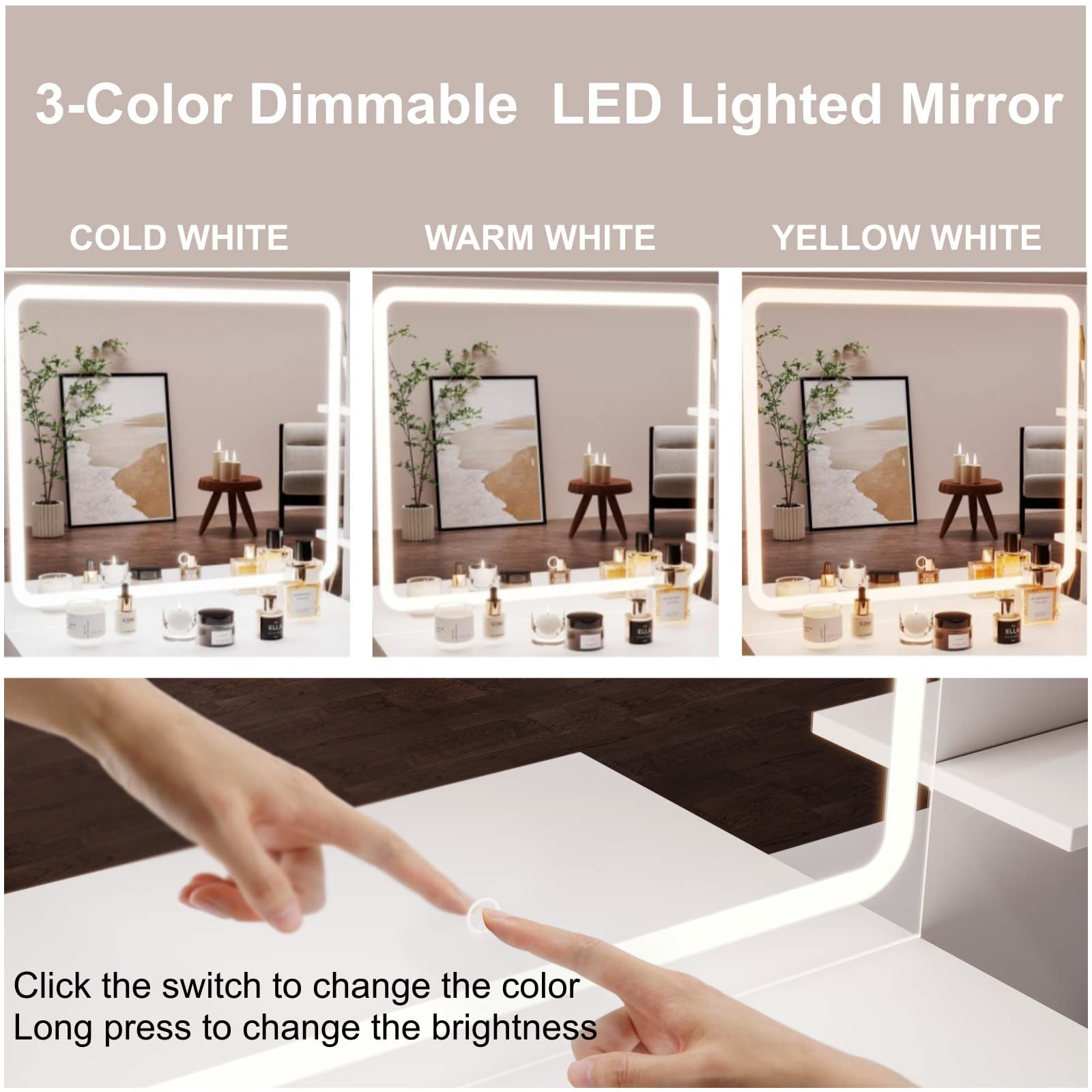 Rovaurx Makeup Vanity with 3-Color Dimmable Lighted Mirror, Large Vanity Table with Side Storage Shelf & 4 Drawers, Bedroom Dressing Desk, Brightness Adjustable, White RSZT107W