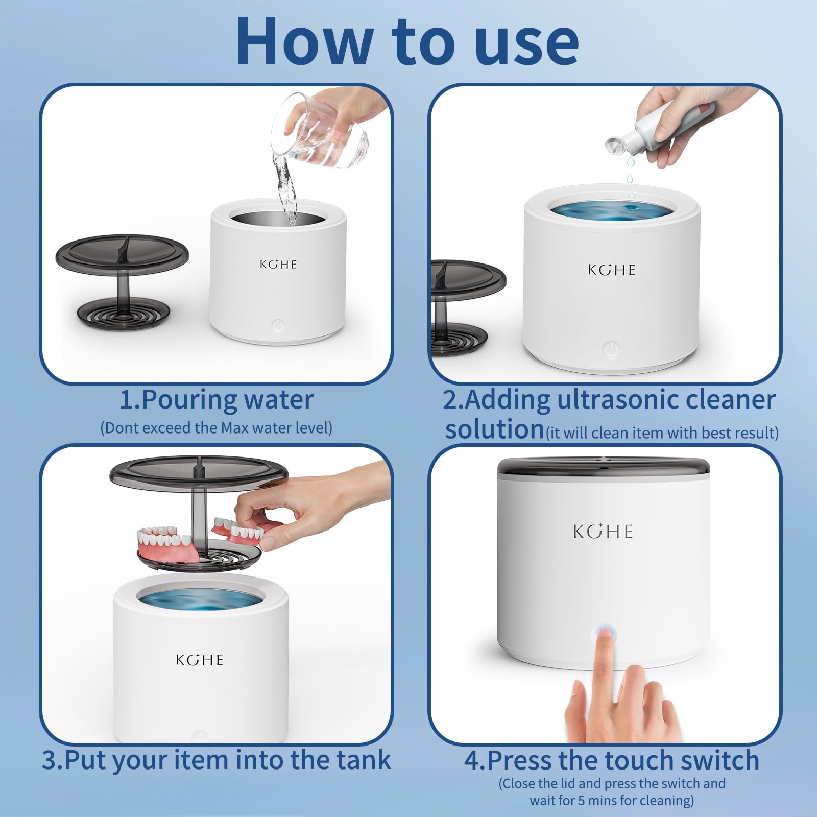 Ultrasonic Retainer Cleaner for Dentures - Jewelry Cleaner for Retainer, Aligner, Jewelry, Mouth Guards, Toothbrush Head, Shaver Head