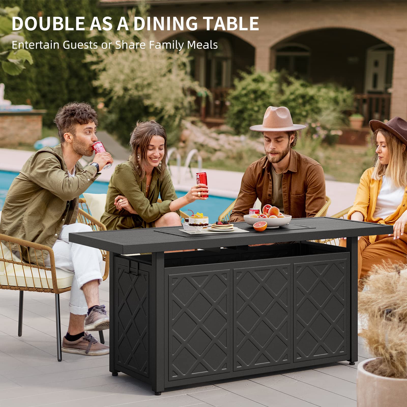 YITAHOME 57 Inch Propane Fire Pit Table, 50,000 BTU Gas Fire Pit with Ignition Systems, Iron Tabletop, Lava Rock, Cover, Lid Hanger, Rectangular Outdoor Firetable for Patio Garden Backyard (Black)