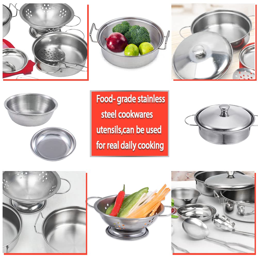 Tiny Size Cooking Pretend Play Kitchen Cooking Toys with Stainless Steel Cookware Play Pots and Pans Set,Cooking Utensils Cookware Kitchen Play Accessories Toys Cooking Pots for Toddlers Kids(Mini)