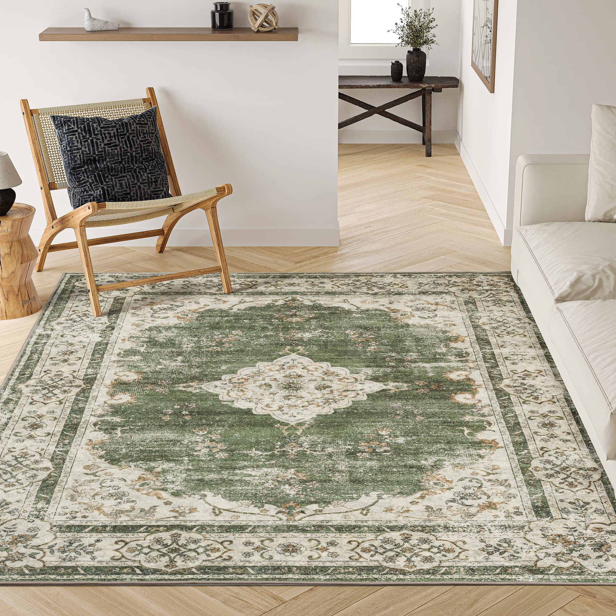 Valenrug Washable Rugs 8x10 - Ultra Thin Green Area Rug, Stain Resistant Non-Skid Rugs for Living Room, Antique Bedroom Rugs(8'x10', TPR40-Green)