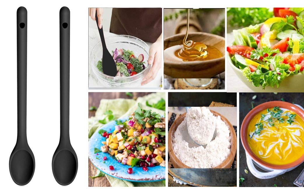 Stirring Spoons for Cooking Set of 3, Silicone 12 Inch Long Handle Spoons, Nonstick Mixing Spoons for Cooking, Silicone Stirring Spoons BPA Free, Nontoxic & Resistant to 480°F (2 in Black)