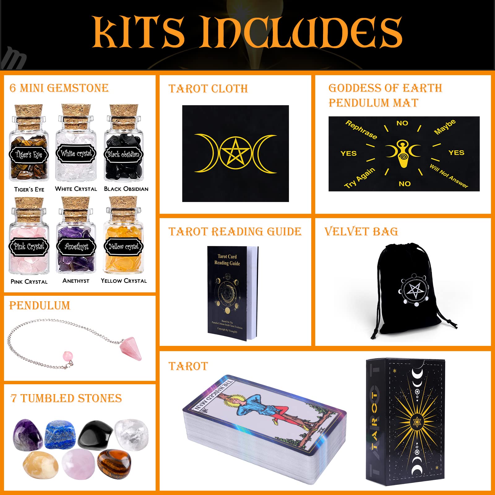 YixangDD Tarot Cards with Guide Book Include 1 Deck of 78 Cards 、12 Mini Crystal Jars,1 Tarot Card Holder Stand,7 Chakra Stones,1 Cloth ,1 Velvet Bag