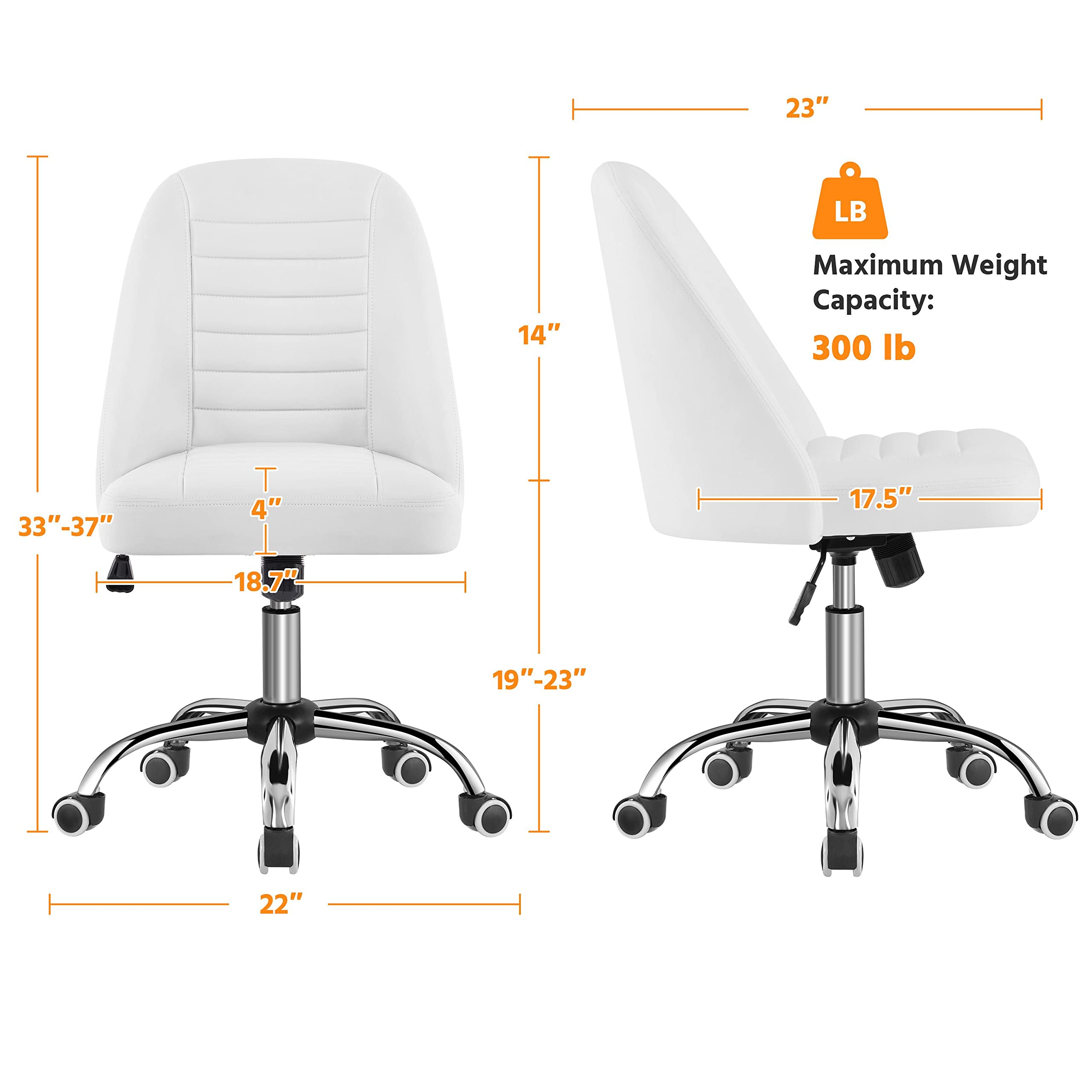 Yaheetech PU Leather Armless Office Chair, Mid Back Desk Chair, Computer Task Chair, Modern Vanity Chair with Rolling Wheels, Metal Base White