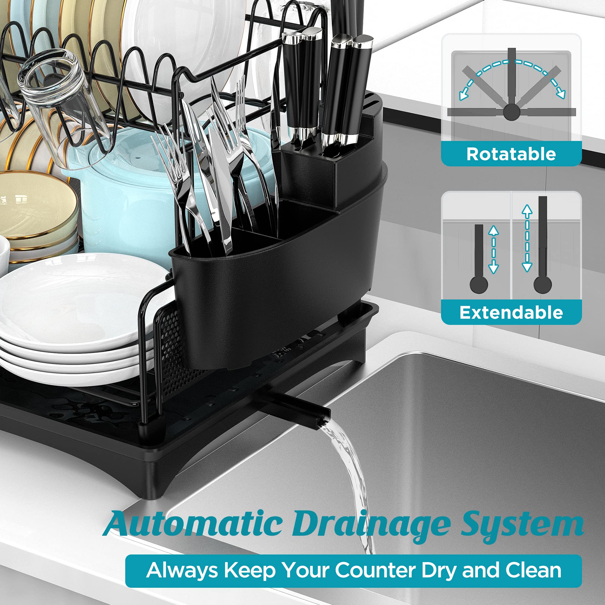 Wahopy Extra Large Dish Drying Rack - 2 Tier Dish Drying Rack with Drainboard for Kitchen Counter, Stainless Steel Dish Drying Rack with Cups, Forks, Knives, Utensil Holder