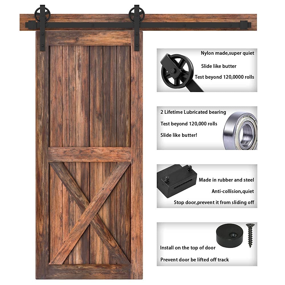WINSOON 6FT Single Wood Sliding Barn Door Hardware Kit Basic Black Big Spoke Wheel Roller Garage Closet Carbon Steel Flat Track System with 36 x 84 inch Sliding Barn Door