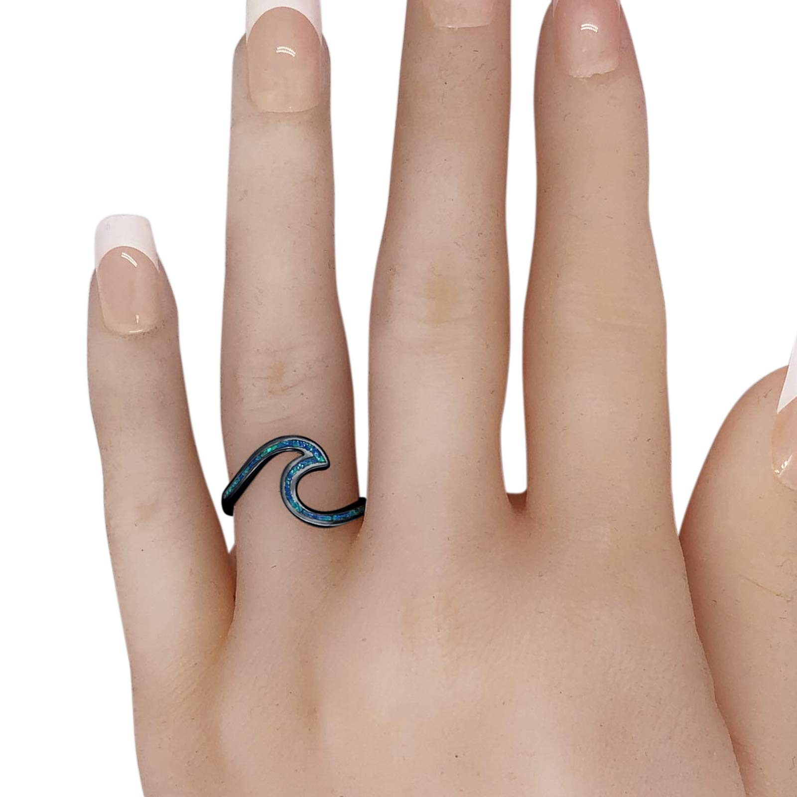 Wave Ring Band Swirl Created Lab Blue Opal Black Tone Rhodium Plated 925 Sterling Silver-SIZE 9