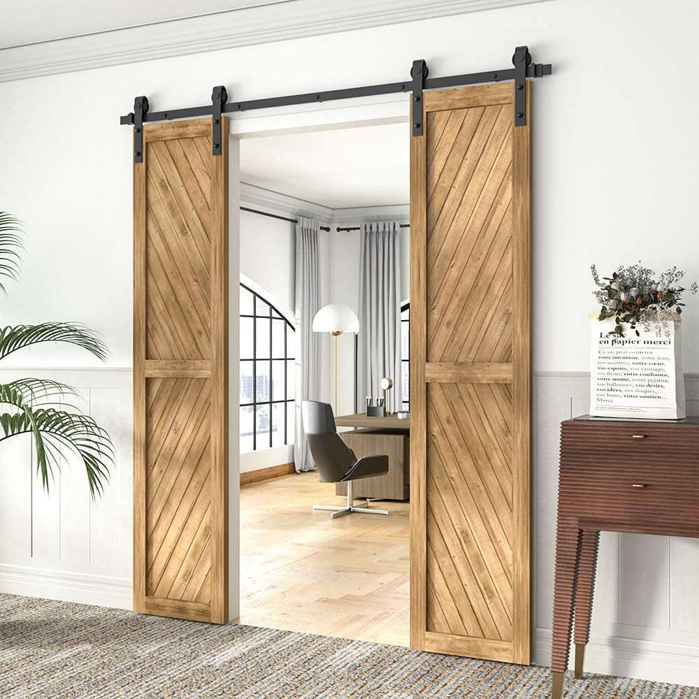 WINSOON 6FT Sliding Barn Wood Door Hardware Cabinet Closet Kit with 2PCS 12 Inch Sliding Barn Door Handles Black Hardware with Pull and Flush Barn Door Handle Set