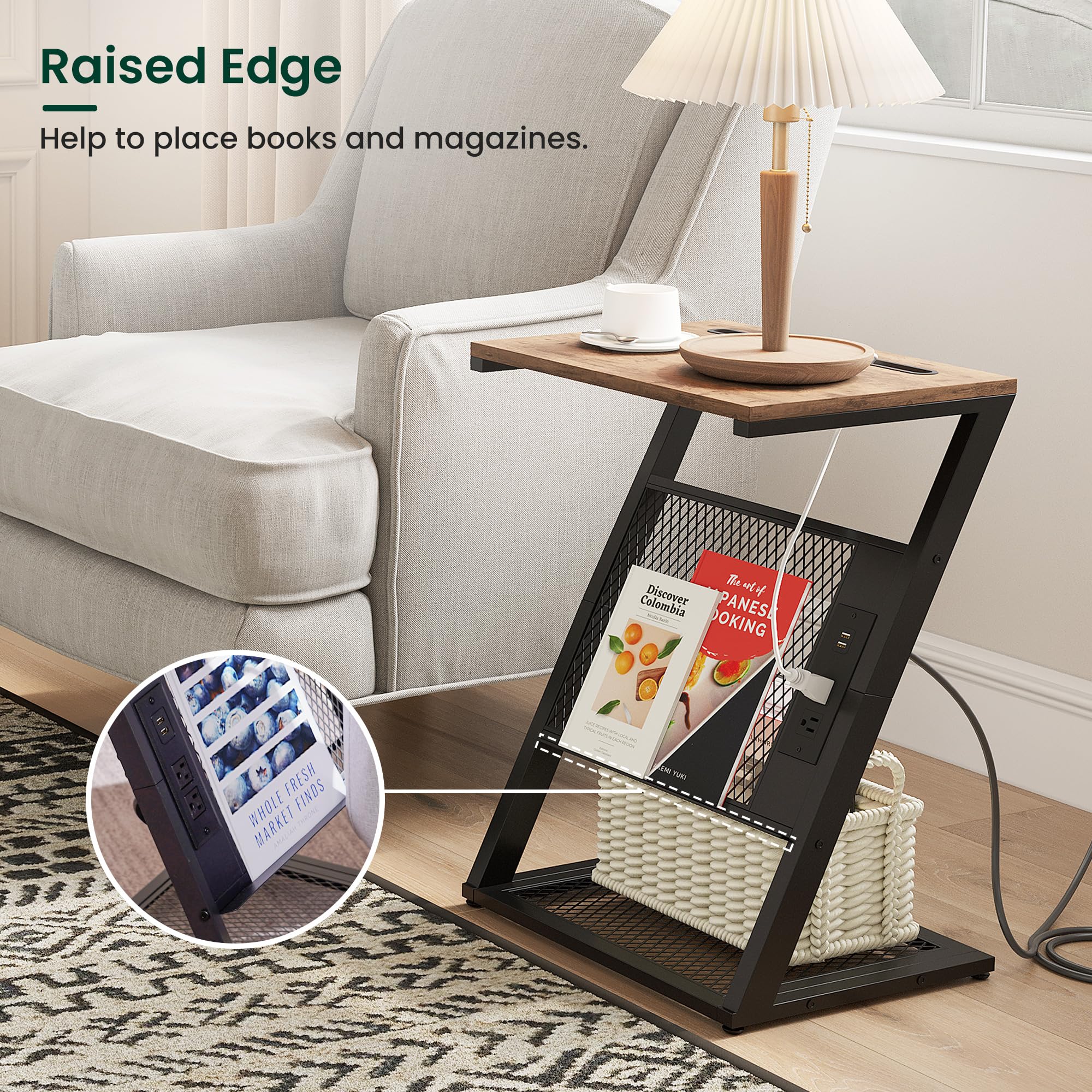 Yifeel End Table with Charging Station, Side Table with Storage Shelf, Bedside Table with Phone Stand, Nightstand for Small Spaces, Living Room, Bedroom, Rustic Brown and Black JET002CSR1