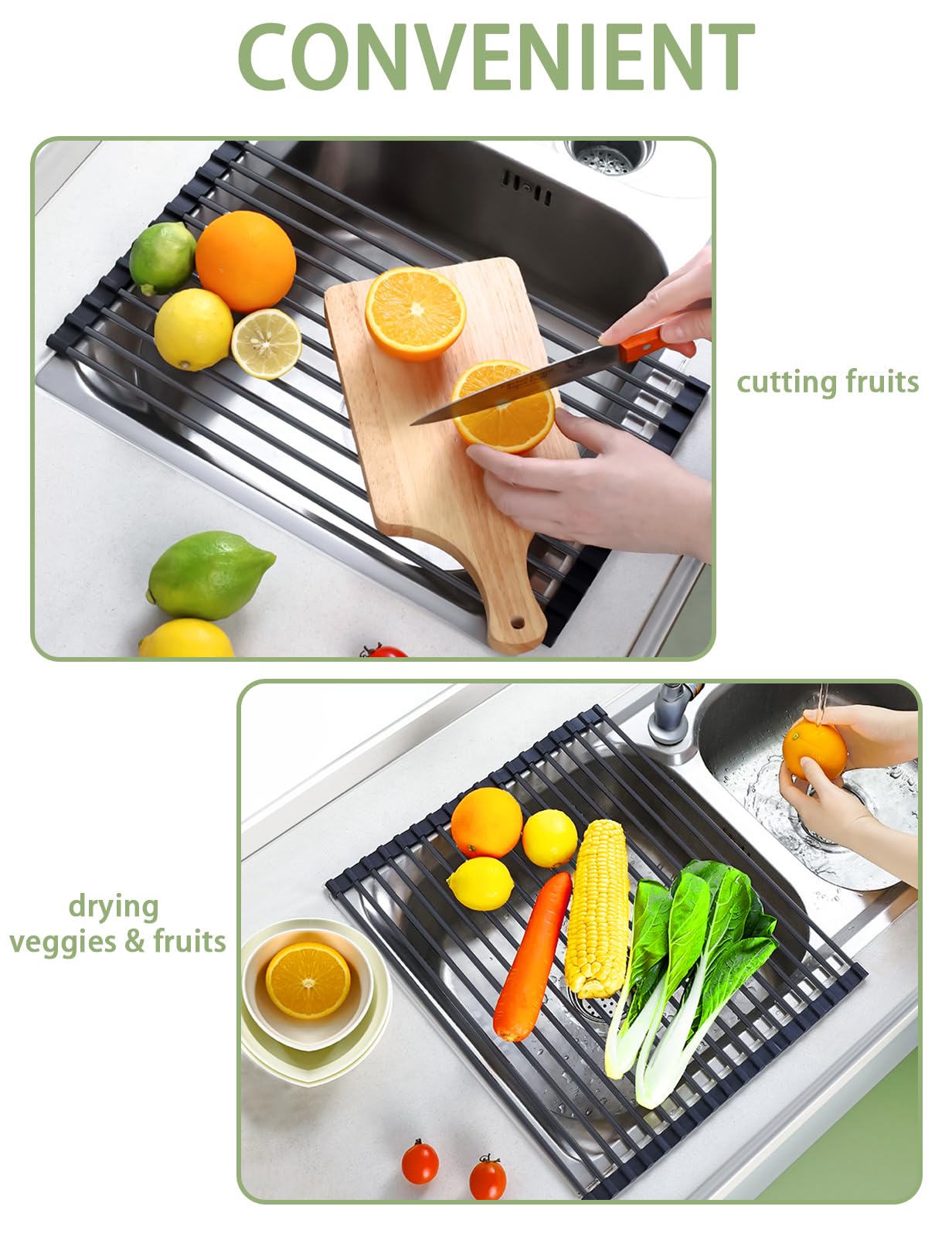 VICEAXY Roll-Up Dish Drying Rack 17” x 13”, Stainless Steel with Silicone Wrapped Drainer Rack, Foldable Sink Rack Mat for Kitchen Dishes, Cups, Fruits, Vegetables (M, Black)