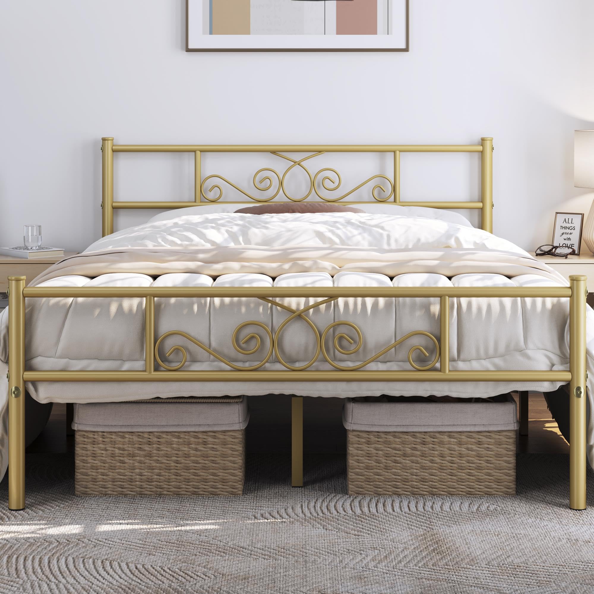 Yaheetech Queen Bed Frames Metal Bed Frame with Headboard and Footboard Heavy Duty Mattress Foundation/No Box Spring Needed/Underbed Storage Space/Graceful Scroll/Ground Clearance: 12.6’’/Antique Gold