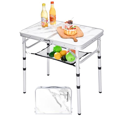 YihuiKo Folding Picnic Table, Camping Table, Adjustable Height Folding Table, Portable Aluminum Small Table with Handle for Picnic, BBQ, Indoor, Office (Marbling)
