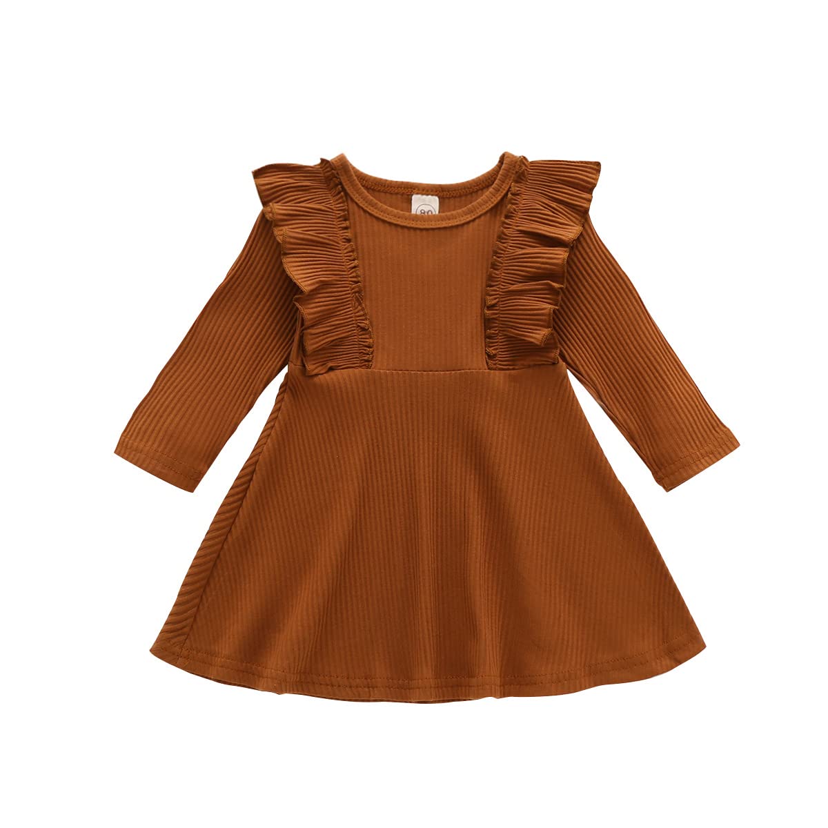 Toddler Baby Girl Ribbed Dress Ruffle Solid Round Neck Long Sleeve Cotton Sundress Kids Casual Spring Fall Dresses(Brown, 2-3T(100))