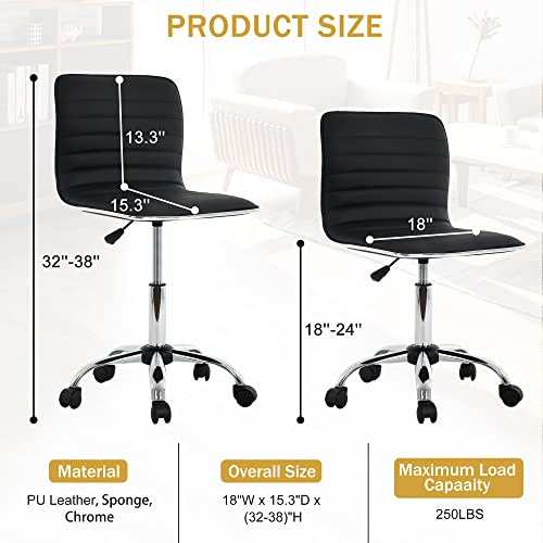 Vanity Chair Makeup Chair PU Leather Low Back Home Office Desk Chair Height Adjustable 360° Swivel Rolling Computer Chair Modern Executive Task Chair without Armrest for Vanity Makeup Room(Black)