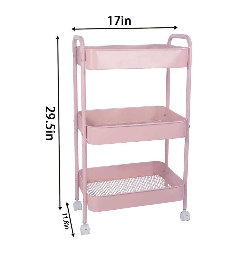 XIUSHE 3-Tier Metal Utility Cart Rolling Storage Organizer, Pink, Indoor Use
