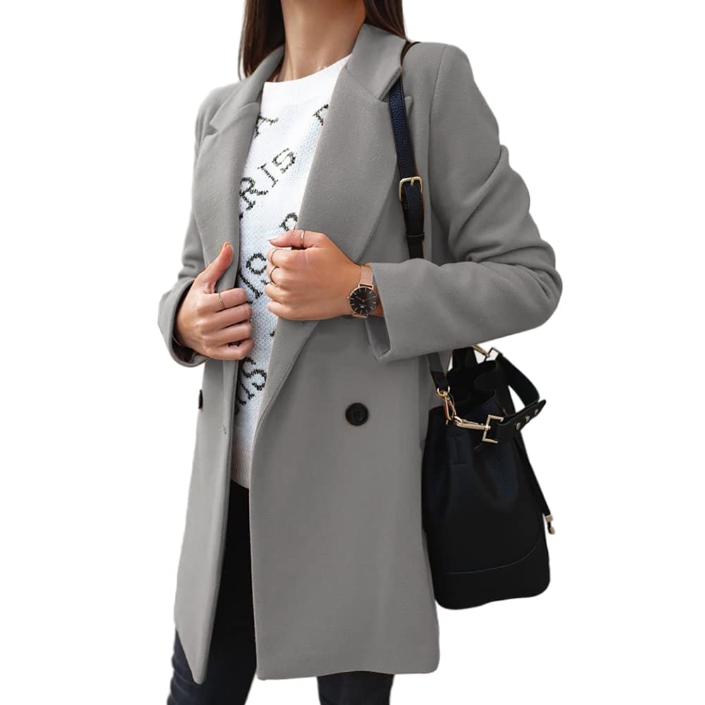 Women Duffle Coat Peacoat Double-Breasted Notch Lapel Button-Down Jacket Solid Color Plain Thigh-Long Trench Outerwear Windbreaker(A Light Grey,2XL)