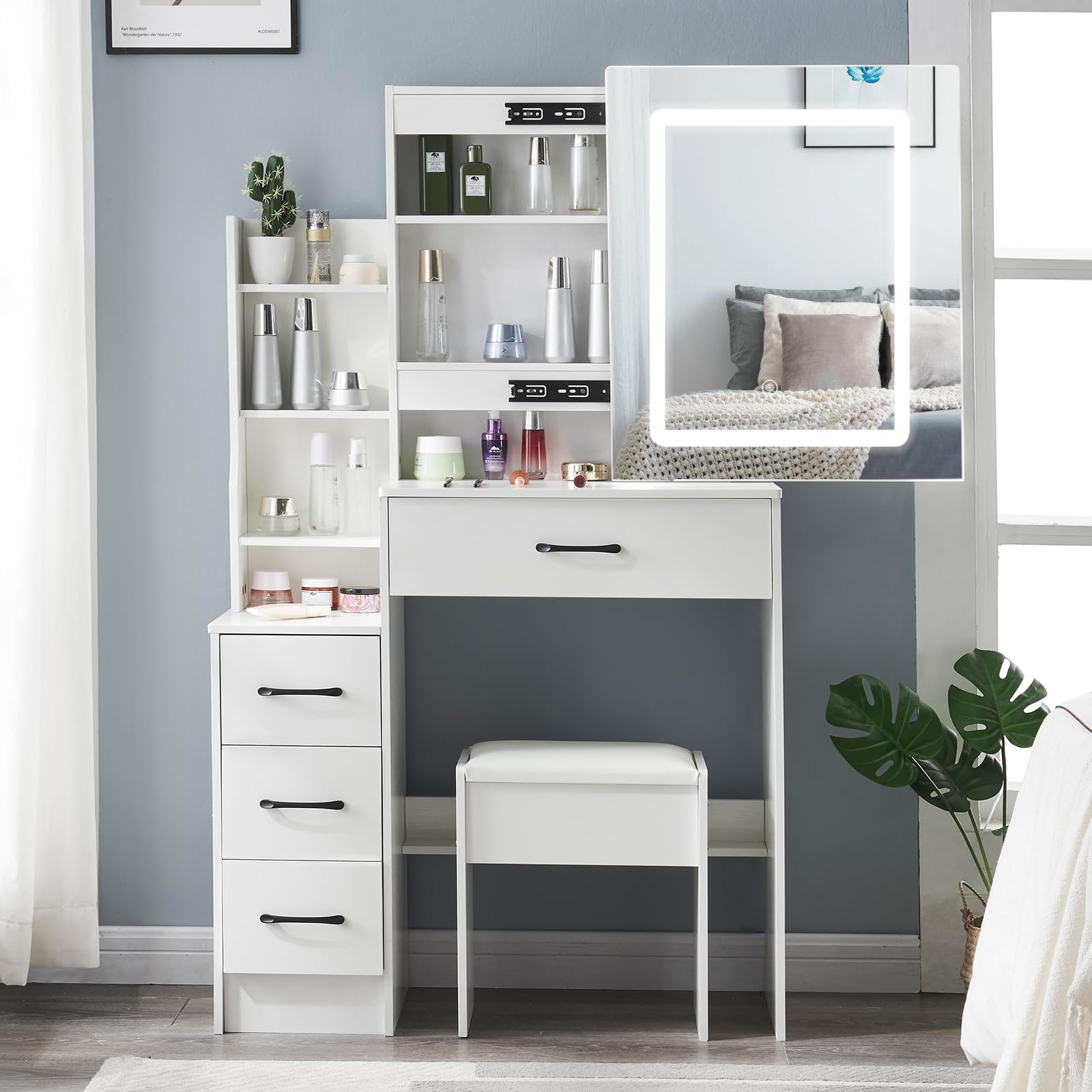 Vanity Desk with Mirror and Light, Large Makeup Vanity with 4 Drawers, Modern Vanity Set with Stool & Shelves, Vanity Dressing Table for Girls Women Bedroom
