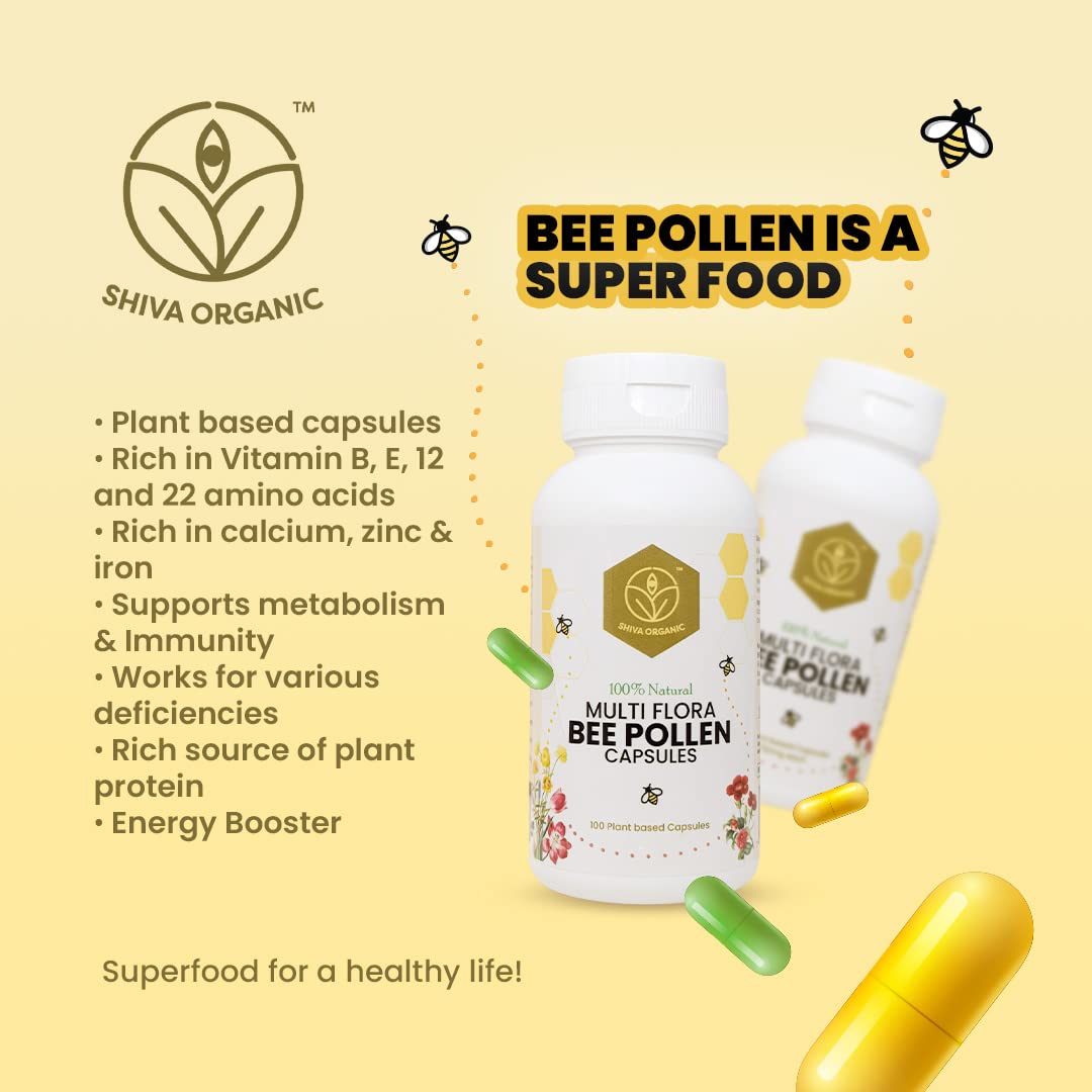 Shiva Organic Multi Flora Bee Pollen (750mg)- 100% Pure Natural, Plant-Based Protein, Immunity & Energy Booster, High in Vitamins - 100 Capsules