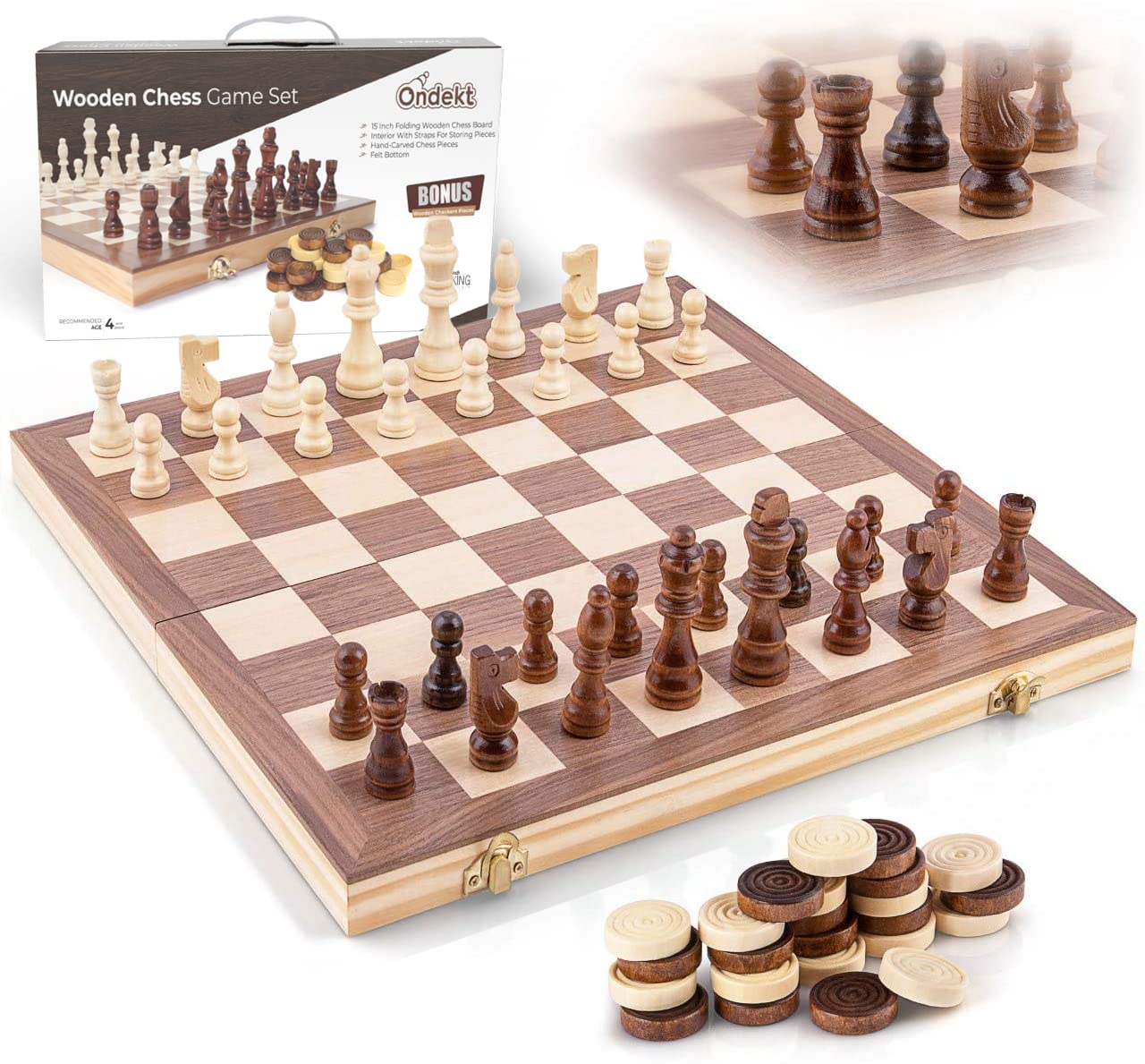 Wooden Chess Set - Handcrafted Chess Pieces - 15 Inch Chess Board - Foldable - Interior Storage Space - Travel Friendly - Felt Bottom - 3 Inch King - Bonus Wooden Checkers Pieces