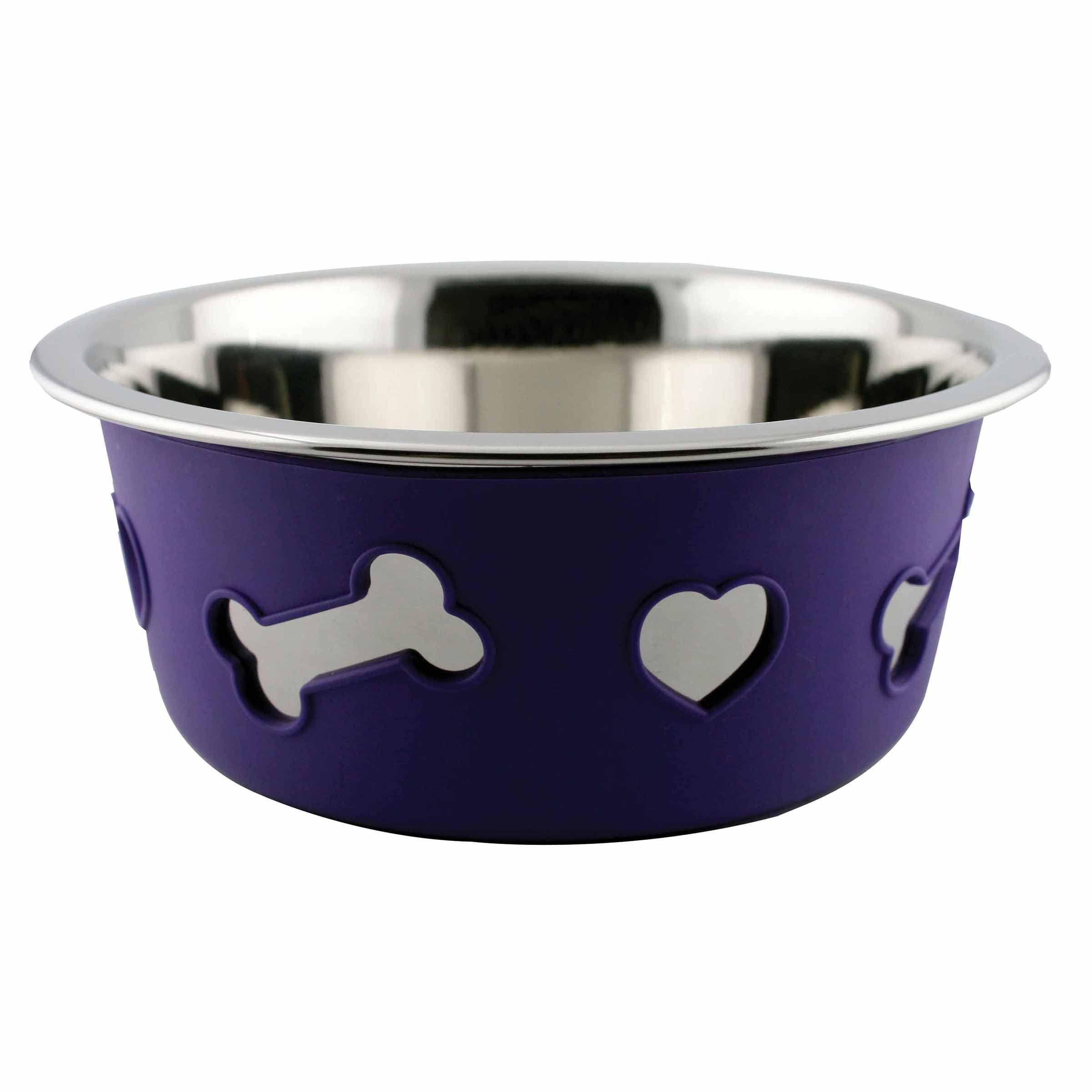WeatherBeeta Non-Slip Stainless Steel Silicone Bone Dog Bowl, Dark Purple, 8"