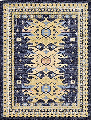Unique Loom Taftan Collection Border Geometric Tribal Inspired Design Area Rug, 9 ft x 12 ft, Navy Blue/Gold