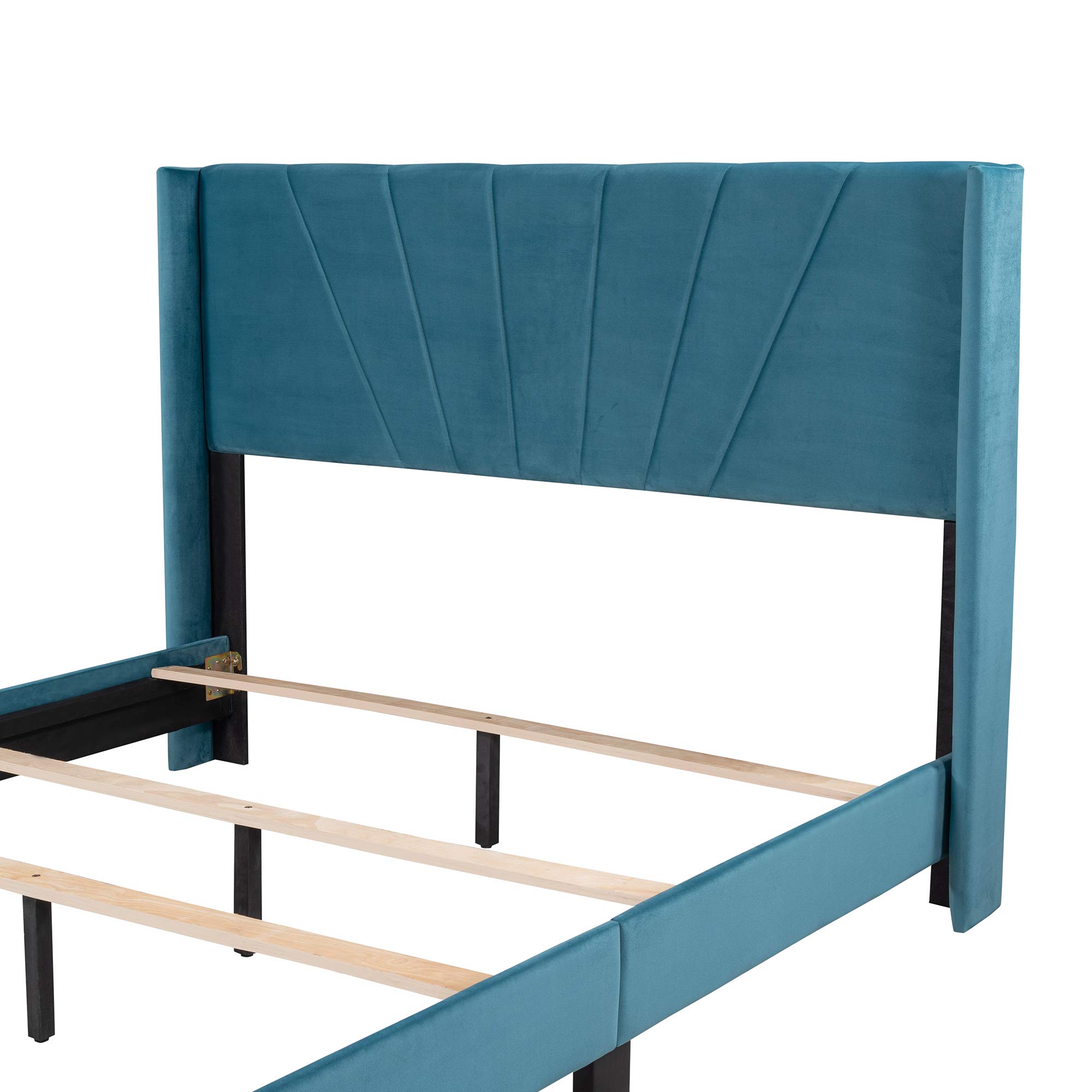 TARTOP Queen Size Velvet Upholstered Platform Bed, Partial of Assembly,Box Spring Needed – Blue