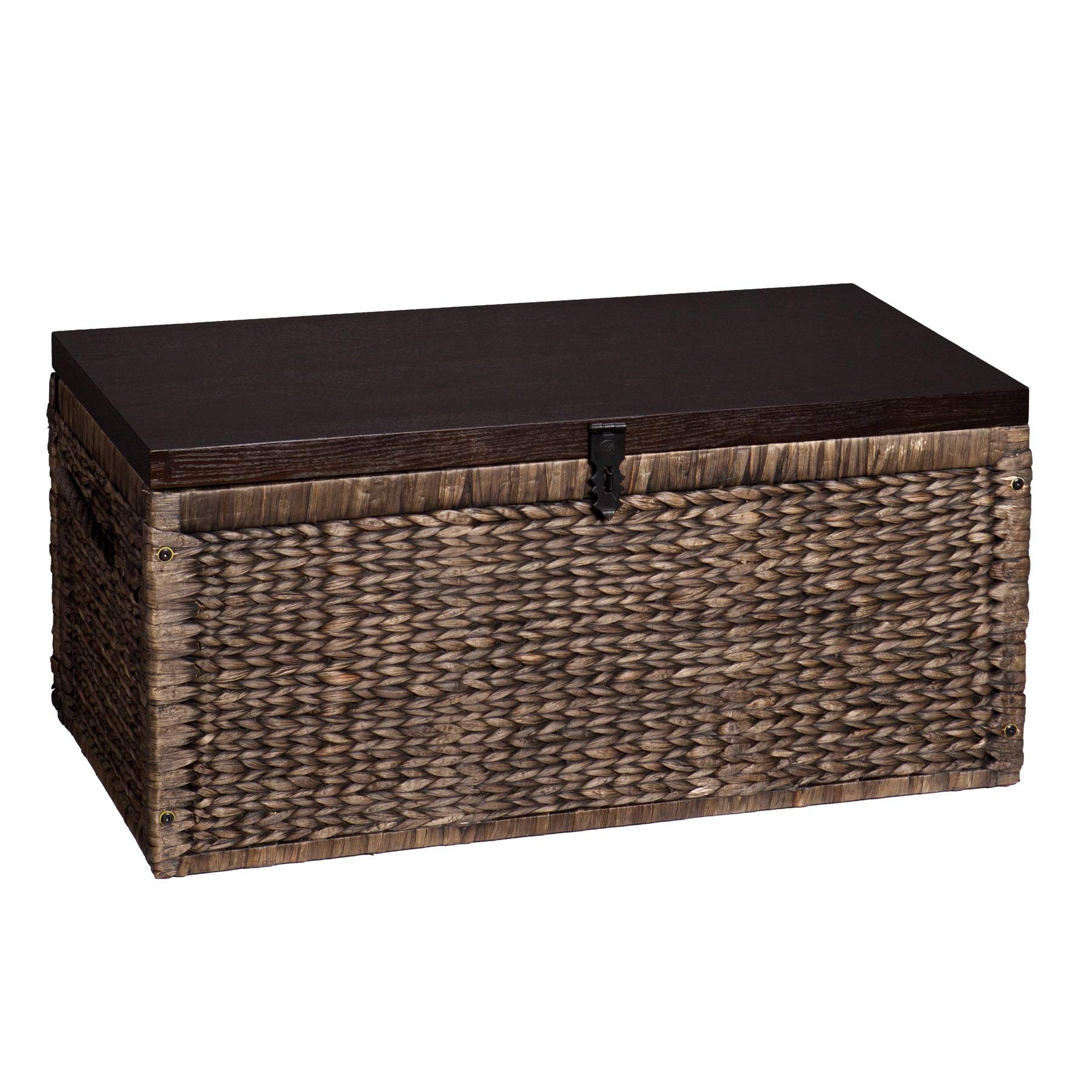 Unknown1 Blackwashed Wicker Trunk Coffee Table Brown Farmhouse Transitional Rectangle MDF Veneer Finish Hidden Storage