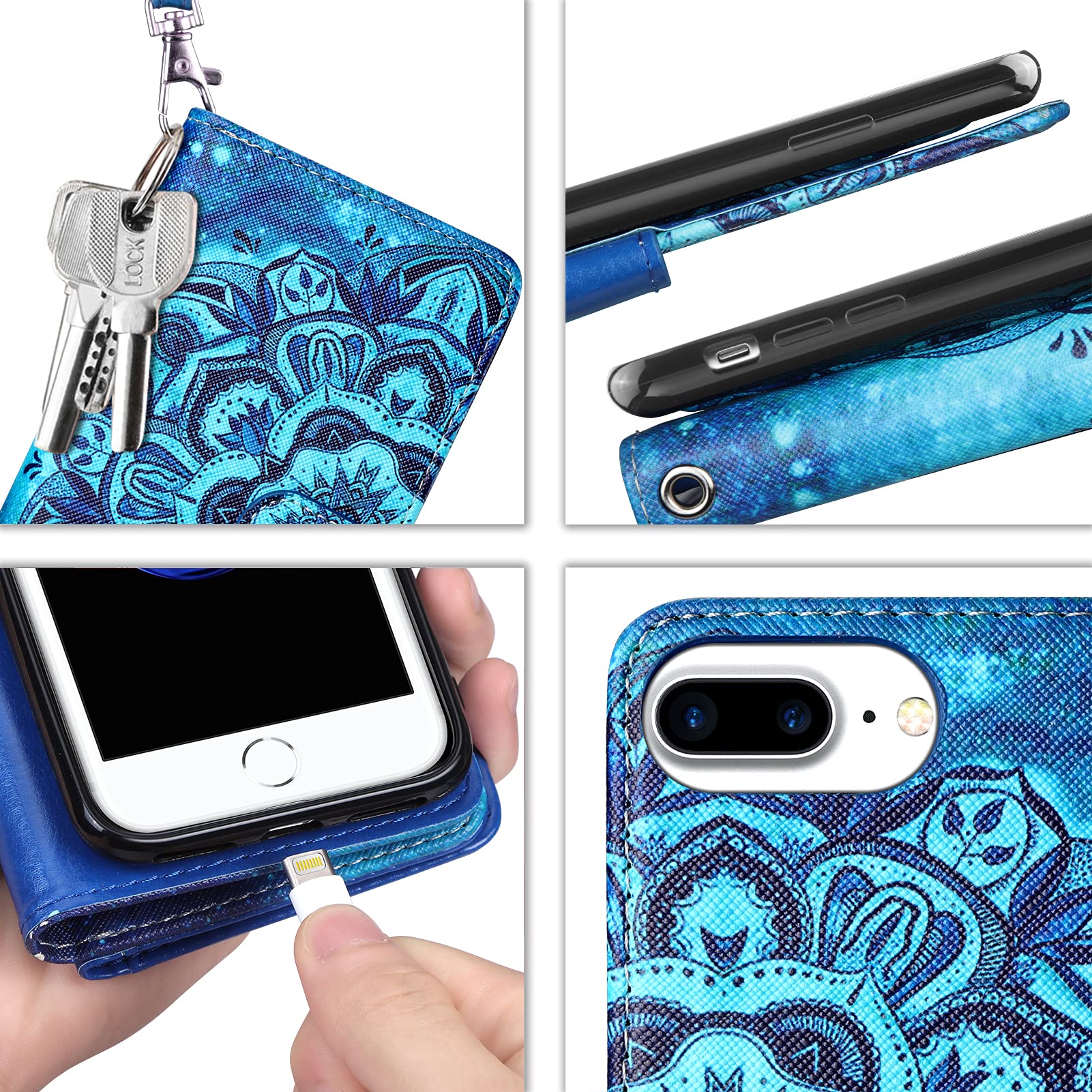 Vofolen 2-in-1 Case for iPhone 8 Plus Case 7 Plus Wallet Card Holder Slot Detachable Strap Protective Slim Hard Shell Magnetic PU Leather Folio Pocket Flip Cover for iPhone 8 Plus 7 Plus Mandala Brown