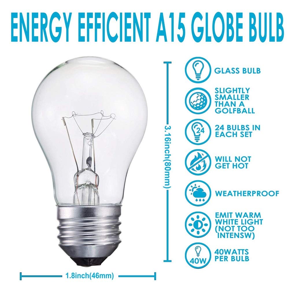 Voniry Appliance Light Bulb A15 Light Bulbs 40Watt Clear Bulbs Incandescent Light Bulb E26 2500K Globe Small Bulbs Ceiling Fan Lamp Oven Light Bulb 24 Pack