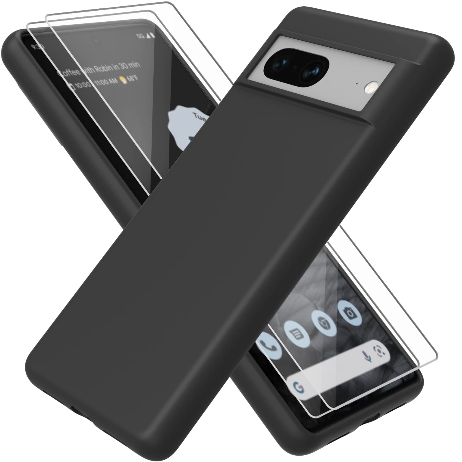 Weycolor for Google Pixel 7 Case,Tempered Glass Screen Protector [2 Pack], Slim Soft Anti-Scratch Microfiber Lining Full-Body Protective Phone Case for Google Pixel 7 （Black）
