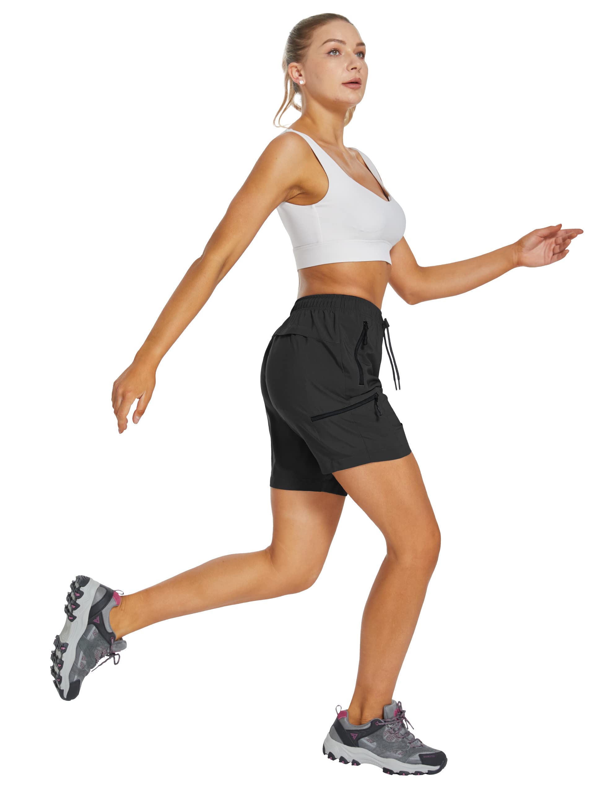 Workout Shorts for Women Hiking Running Casual Summer Cargo Lightweight Athletic Quick Dry Travel Drawstring Exercise Gym with Pockets Black
