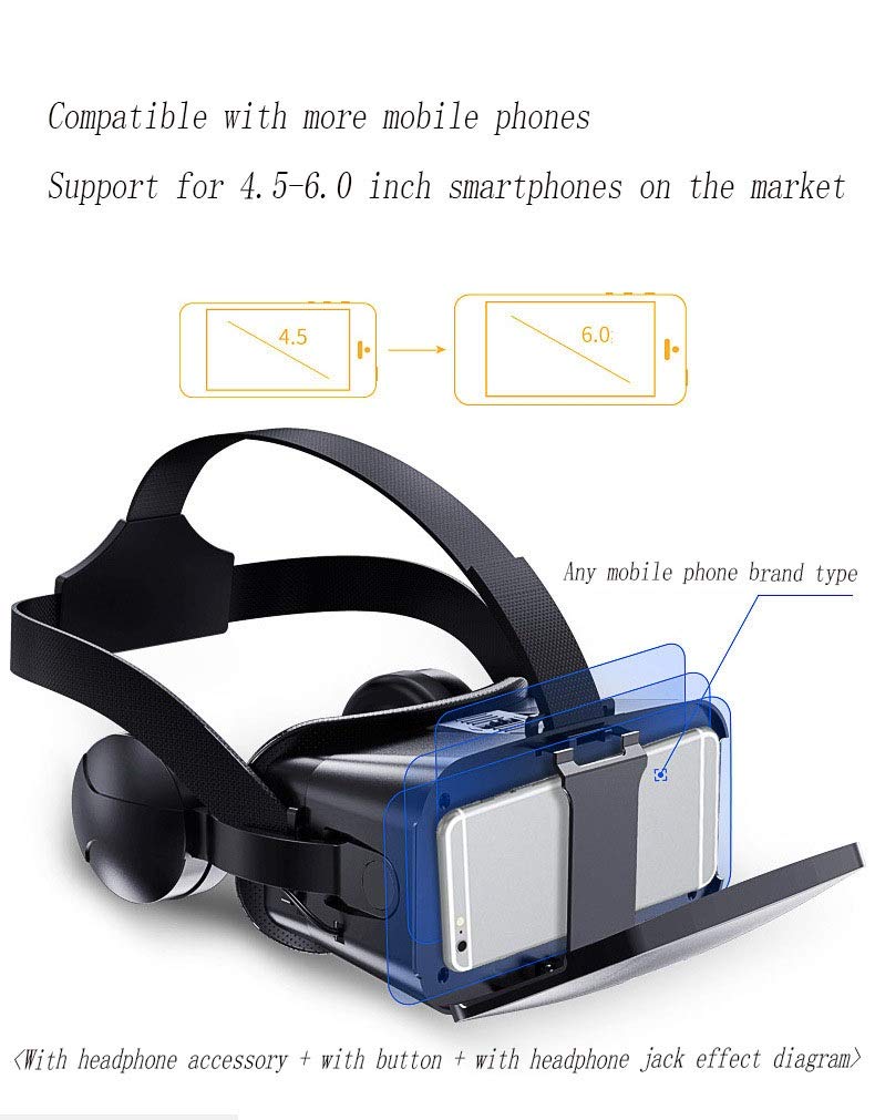VR Glasses - Virtual Reality 3D Glasses Come with headphonesVr Headset Virtual Reality Gear vr Roller Coaster Daydream viewmaster vr Box vr Goggles (Color : Black)