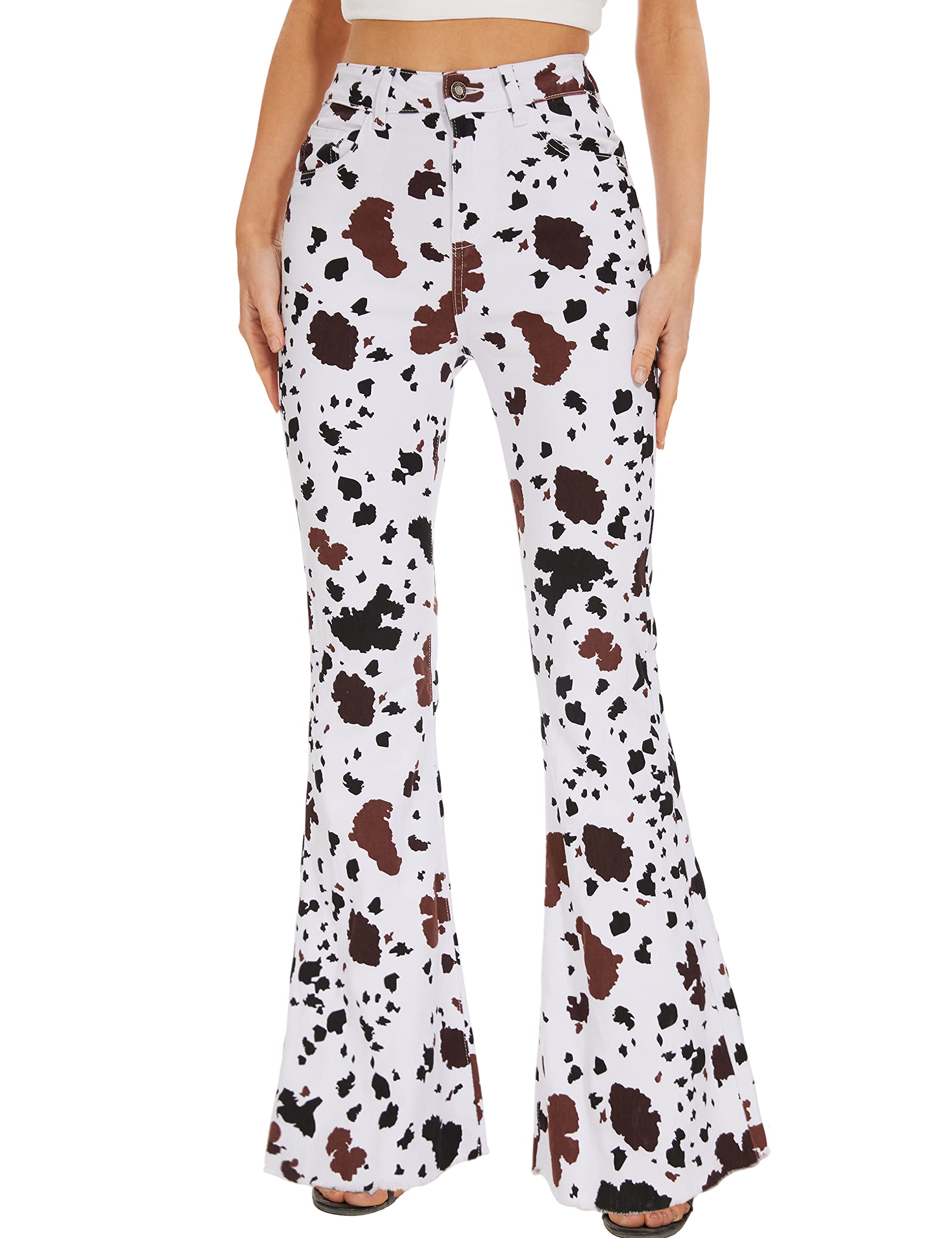 Zhangyan Womens Cow Flare Jeans Stretch High Waisted Button Bellbottoms Pants Hem Fray(cow,2)