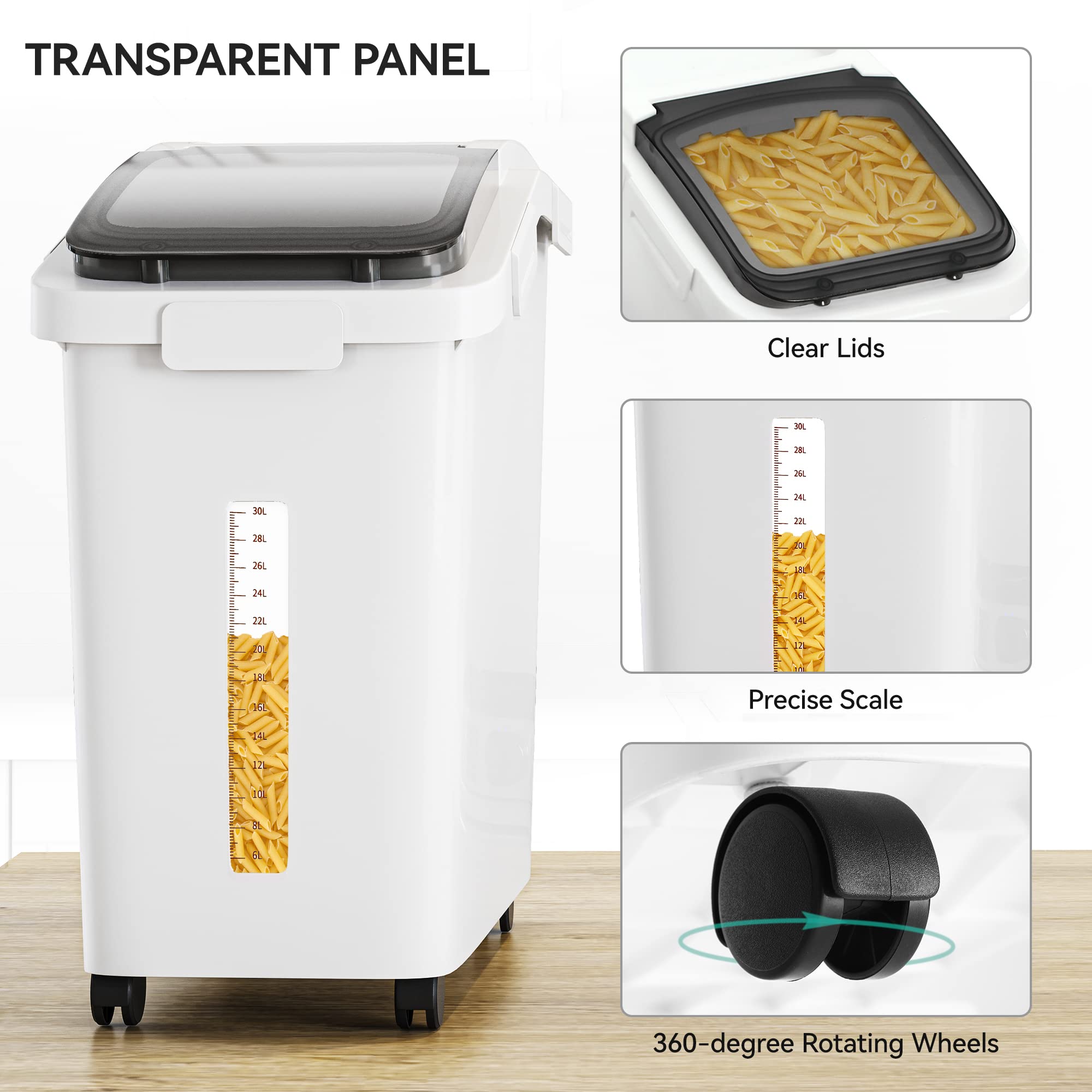 YITAHOME 90L/190lb Large Ingredient Flour Storage Bins, Commercial 20.6 Gal(11.4+5.8+3.4 Gal) Rice Storage Containers, 500 Cups Food Storage Bin with Wheels, Scoop and Lid, for Kitchen, White