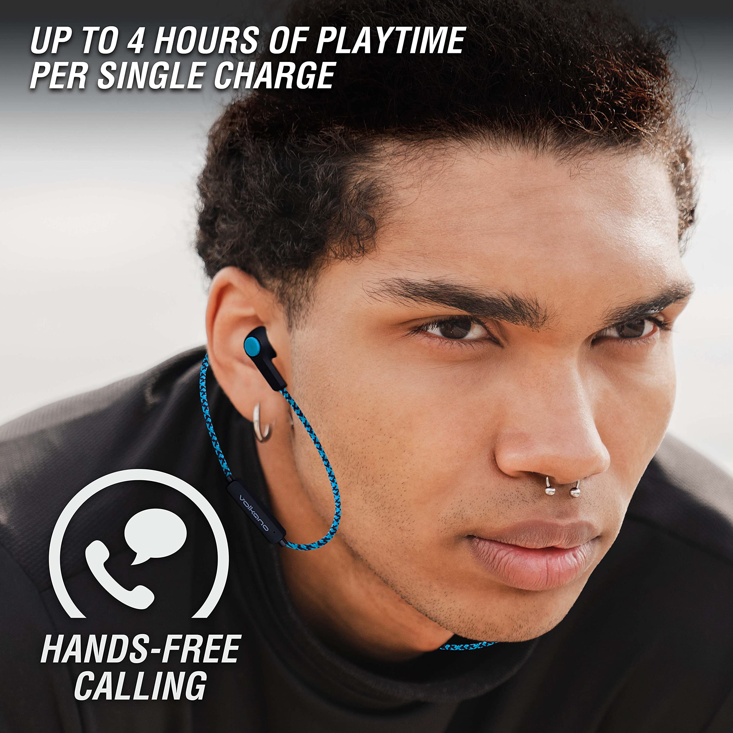 Volkano Wireless Earphones with Microphone, Portable Square Earphone Carrying Case, True Stereo Sound in-Ear Bluetooth Headphones, Audífonos Inalámbricos Volume Control [Blue/Black] Moda Series