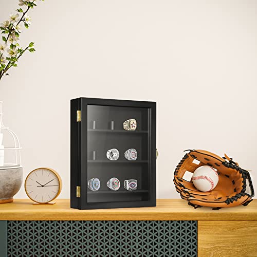 TJ.MOREE Championship Ring Display Case, 9 Ring Posts Baseball Ring Display Case, 8 x 10 Wall Mount Wooden Glass Shadow Box with Locks to Show Sport, Class, Fraternity, and Award Rings - Black