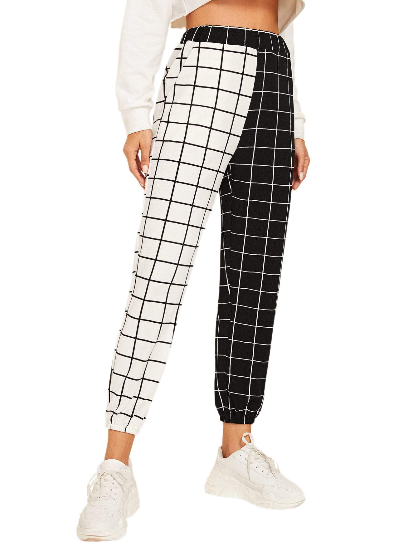 WDIRARA Women's Two Tone Plaid Print Elastic Waist Fashion Straight Leg Pants Black and White S