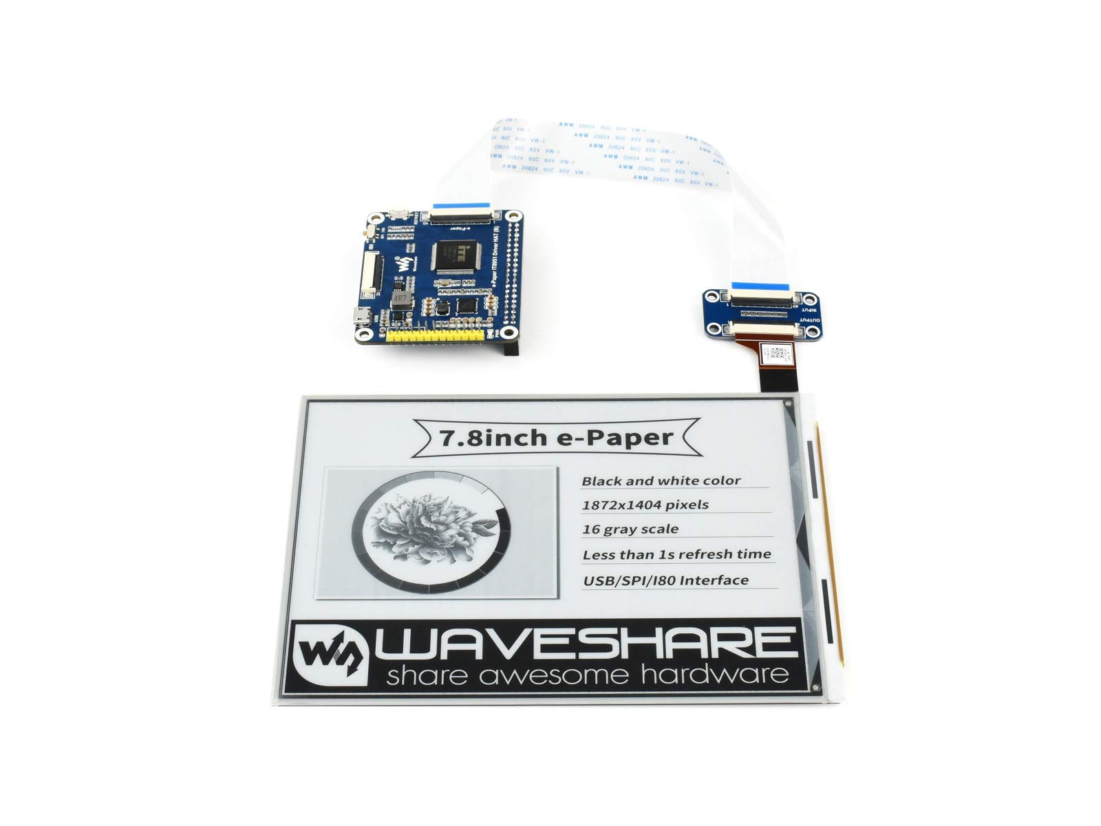 waveshare 7.8inch E-Ink Display HAT Compatible with Raspberry Pi4B/3B+/3B/2B/B+/A+/Zero/Zero W/WH/Zero 2W 1872×1404 Resolution IT8951 Controller USB/SPI/I80 Interface Supports Partial Refresh