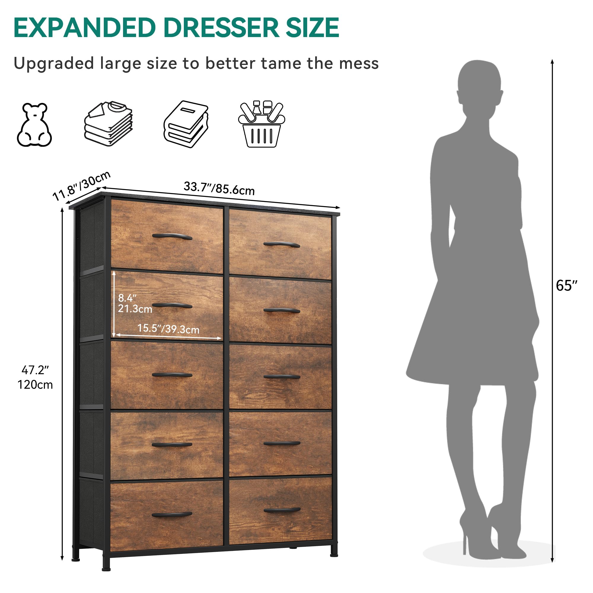YITAHOME Dresser with 10 Drawers - Tall Fabric Storage Tower for Living Room, Hallway - Sturdy Steel Frame, Wooden Top & Easy Pull Fabric Bins