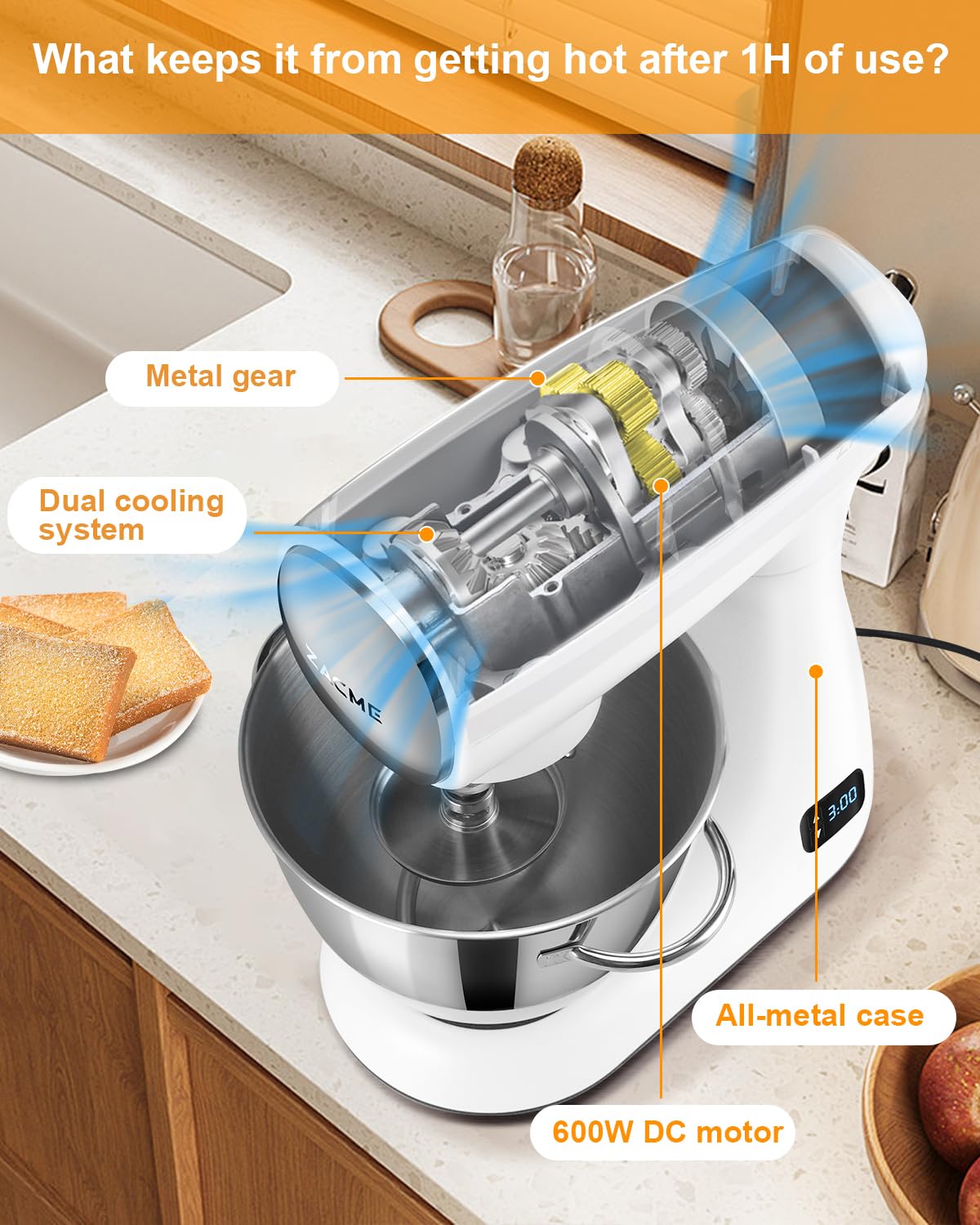 ZACME Mixers Kitchen Electric Stand Mixer, Aluminum die casting and Gears, 1 Hour Continuous Operation, Dual Cooling System, Low Noise DC Motor, LED Display and Timing Function, 600W 5.5QT, Food Grade