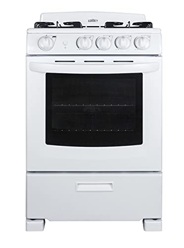 Summit RG244WS 24"" Freestanding Gas Range with 2.9 cu. ft. Oven Capacity Electronic Ignition High Backguard Broiler Drawer Continuous Grates and Safety Brake System for Oven Racks in White