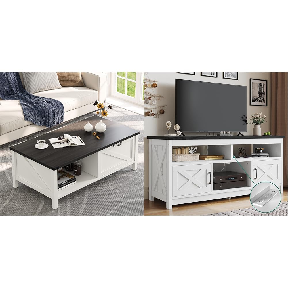 YITAHOME Farmhouse Coffee Table Wooden Cocktail Table,with Cabinets and 2-Tier Storage Open Shelf,Modern Rustic Center Rectangular Tables for Living Room,Home,Office,Living Meeting Room,White & Grey.