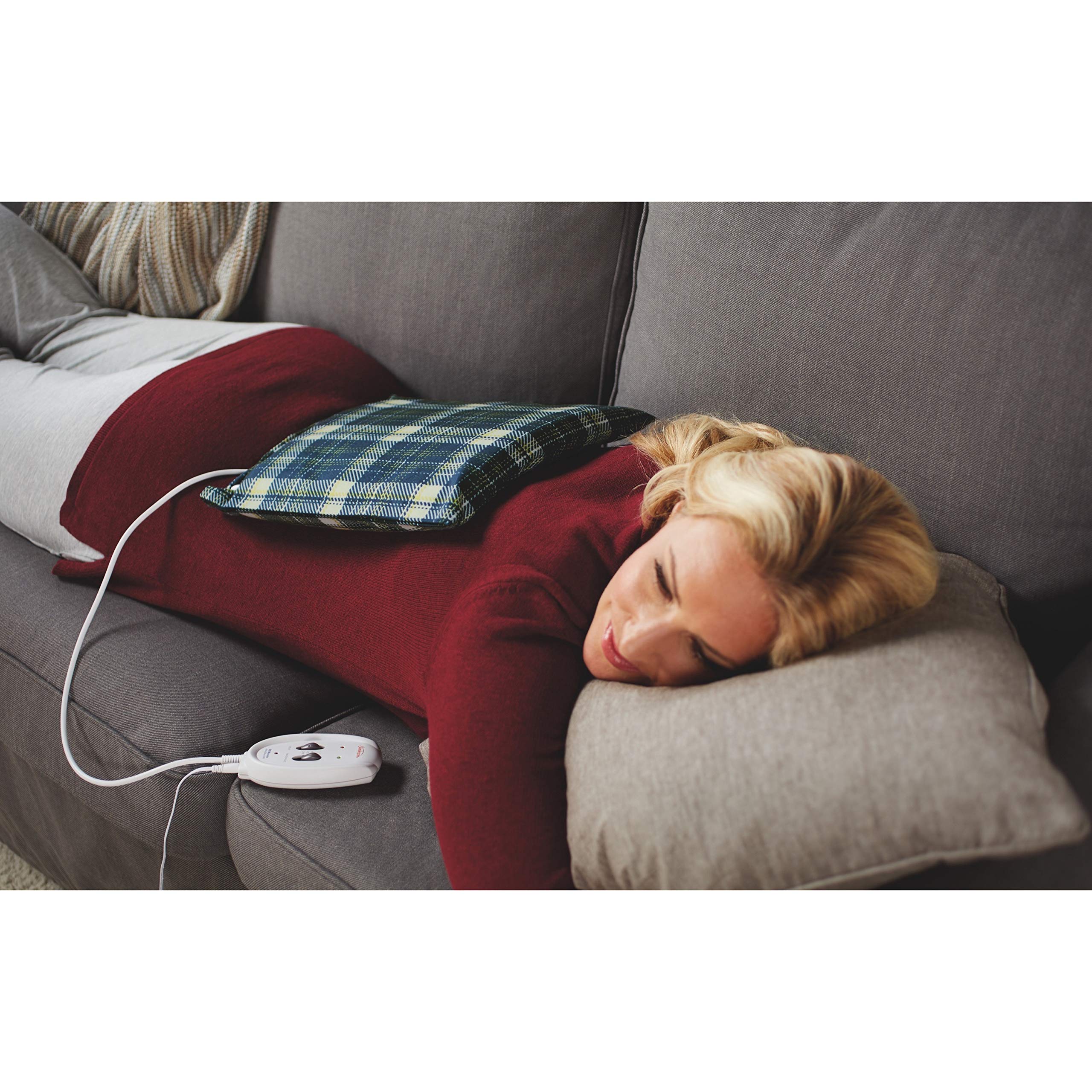 Sunbeam Heating and Massage Pad for Pain Relief | Small Flexi-Soft, 2 Heat & 2 Massage Settings with Auto-Off | Blue Plaid, 12-Inch x 12-Inch
