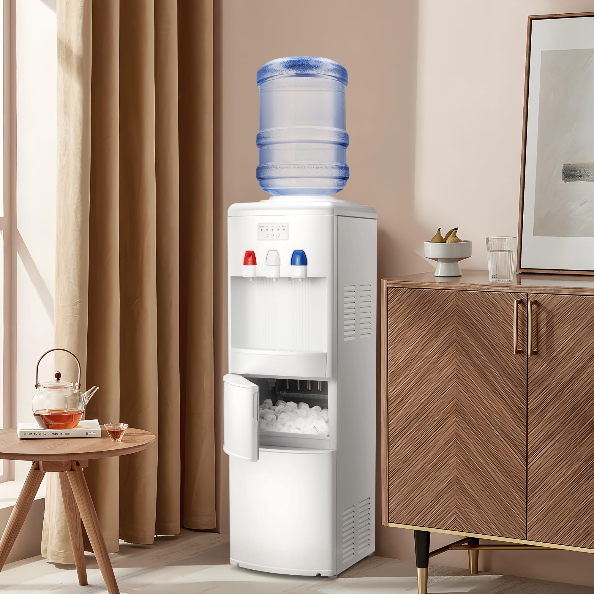 ZAFRO 2-in-1 Bottom Loading Water Cooler Dispenser Hot and Cold 3 to 5 Gallon Bottle Water Dispenser 27LBS/24H Ice Maker Machine with Child Safety Lock(White)